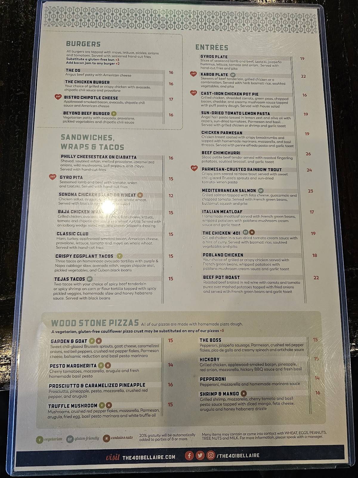 Menu at The '401 restaurant, Bellaire