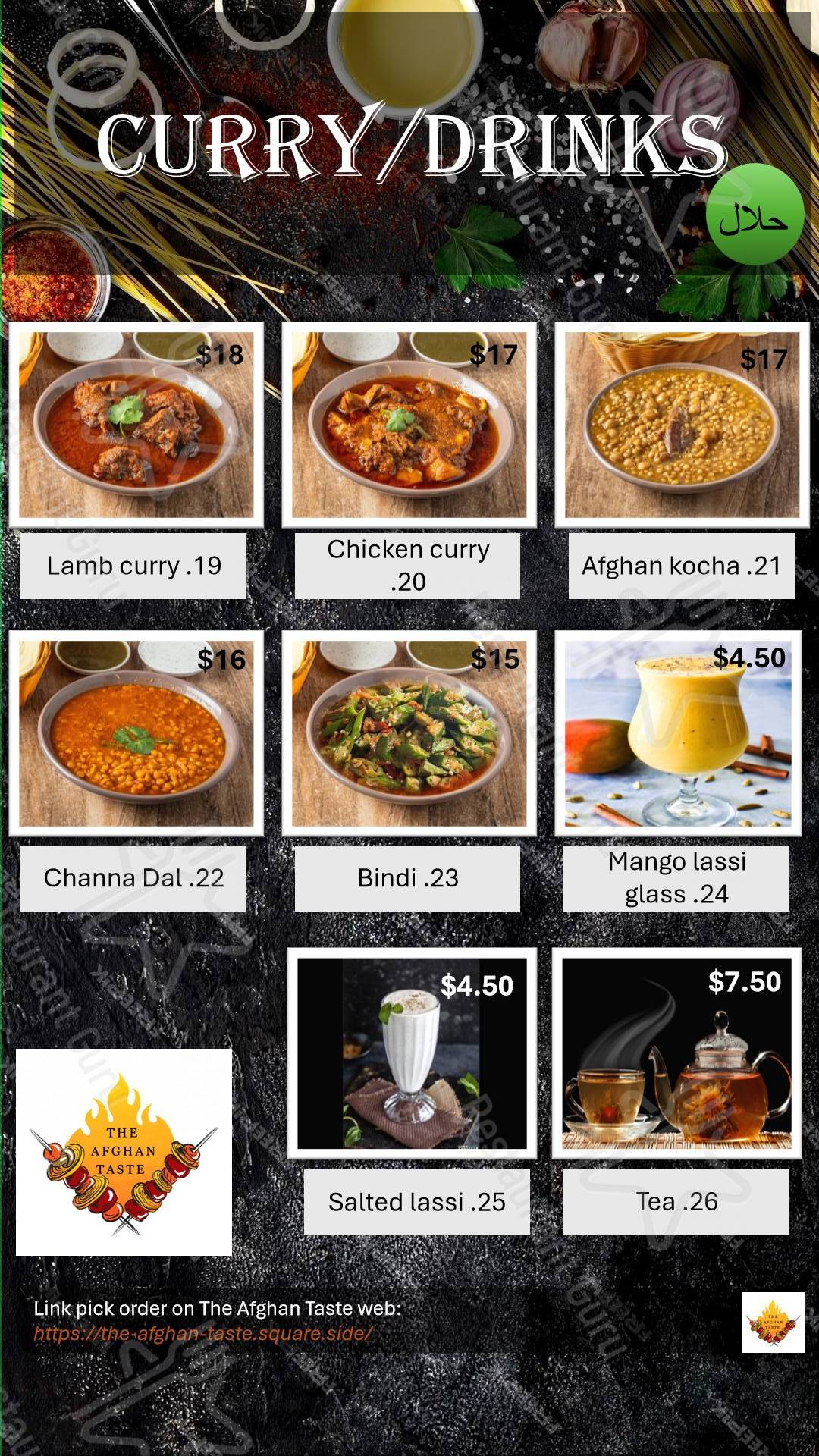 Menu at The Afghan Taste restaurant, Adelaide