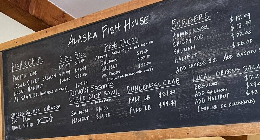 Menu at The Alaska Fish House restaurant, Ketchikan, 3 Salmon Landing