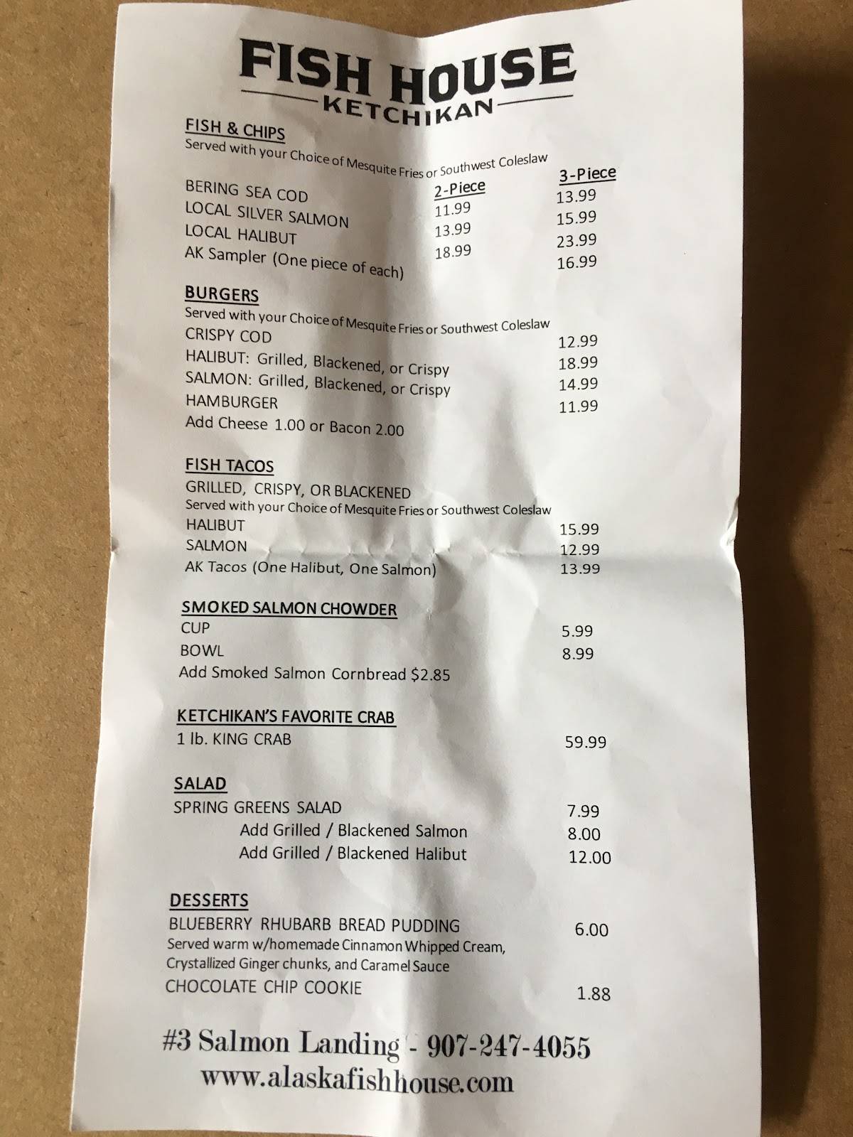 Menu at The Alaska Fish House restaurant, Ketchikan, 3 Salmon Landing