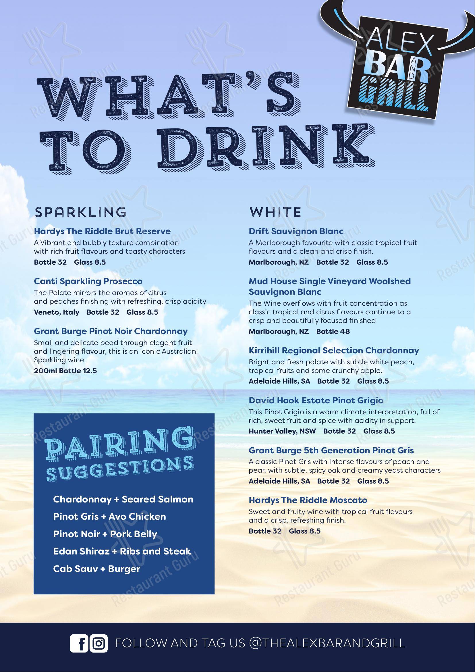 Menu at The Alex Bar & Grill, Alexandra Headland