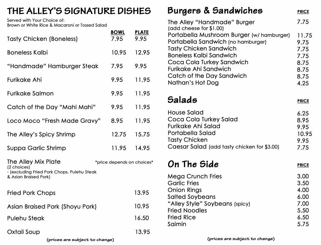 Menu at The Alley Restaurant at Aiea Bowl, Aiea