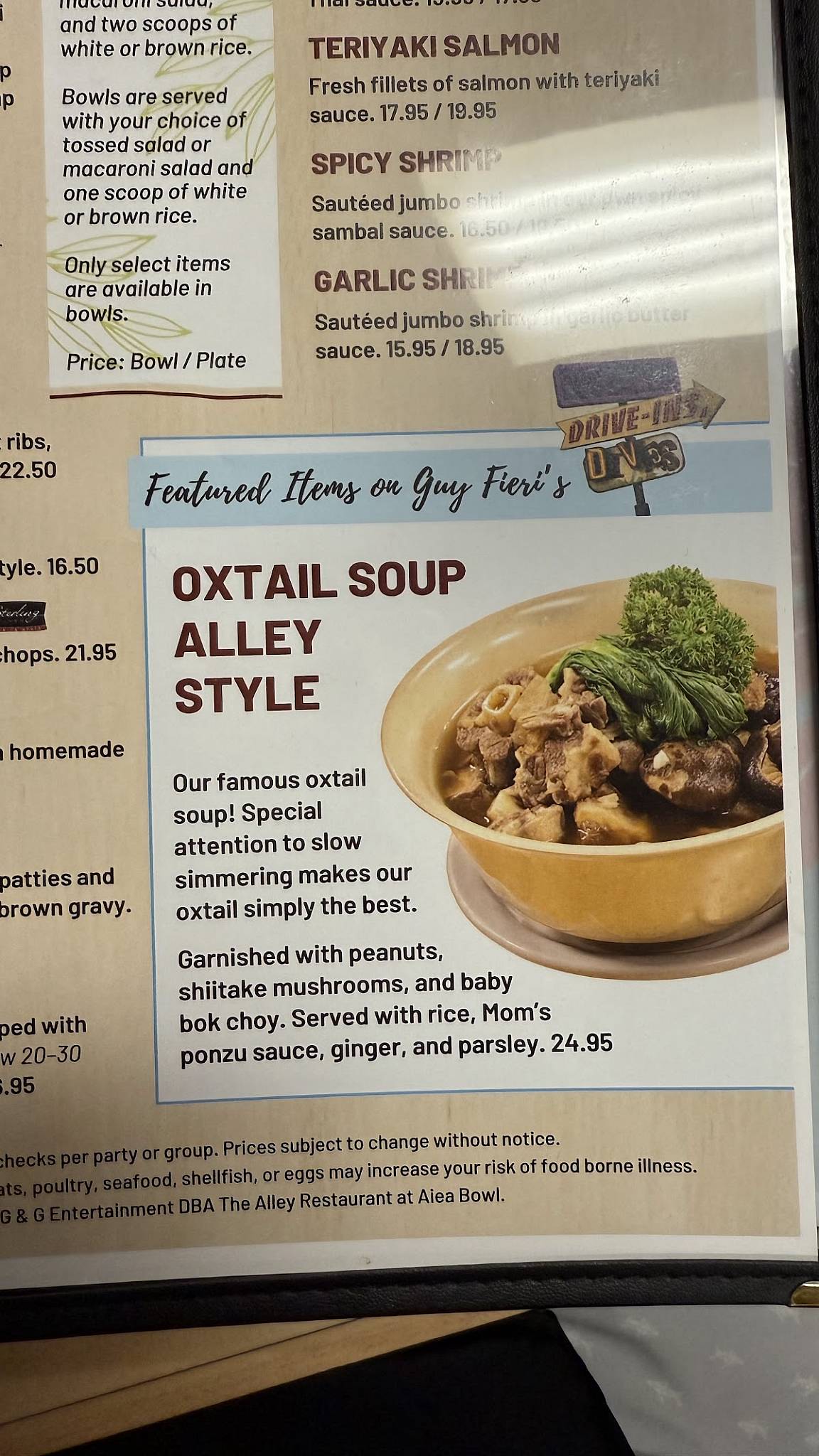 Menu at The Alley Restaurant at Aiea Bowl, Aiea