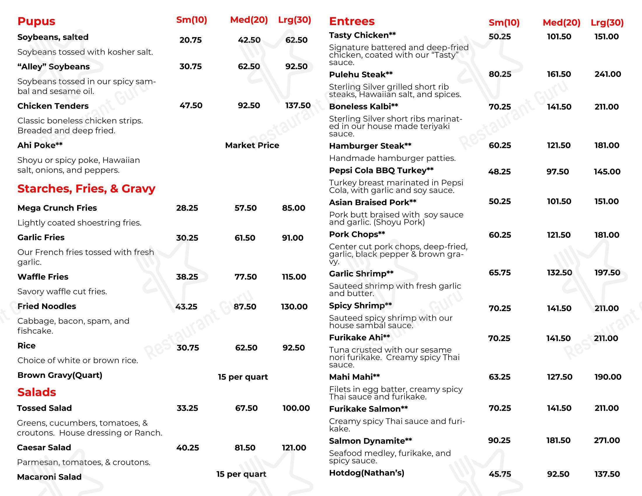 Menu at The Alley Restaurant at Aiea Bowl, Aiea