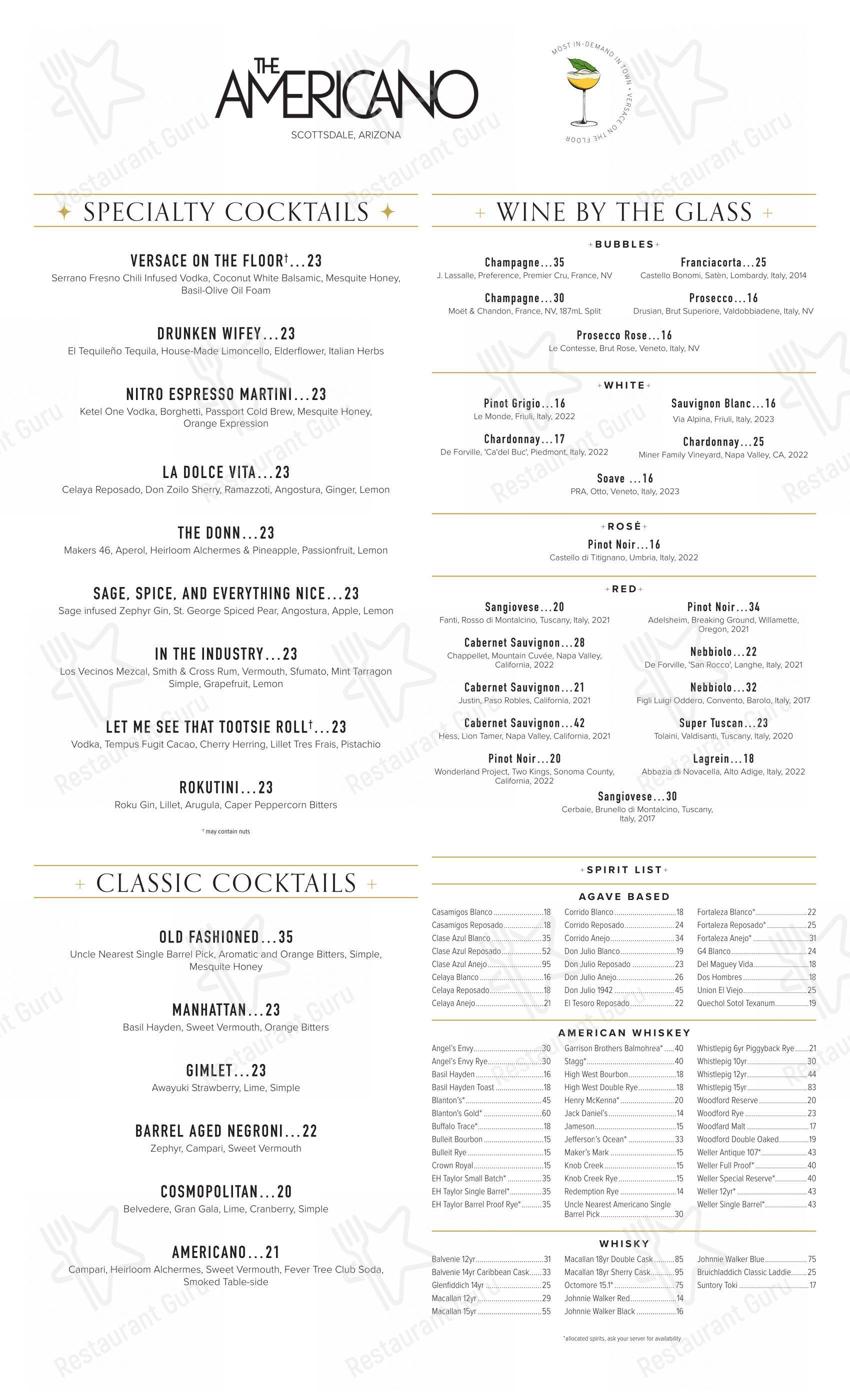 Menu at The Americano Restaurant, Scottsdale