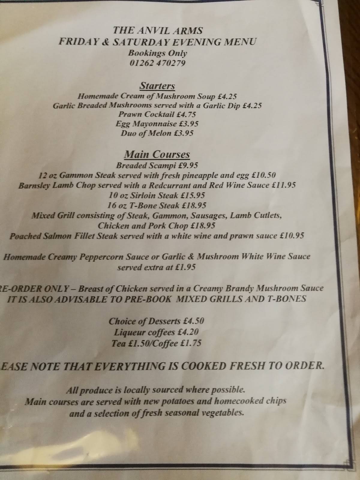 Menu at The Anvil Arms pub & bar, Wold Newton, 4 Bridlington Rd