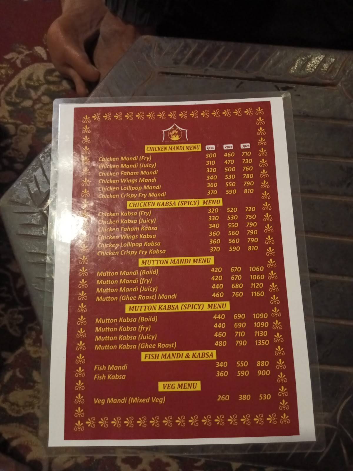 Menu at The Arabian Mandi, Secunderabad, Andrews school