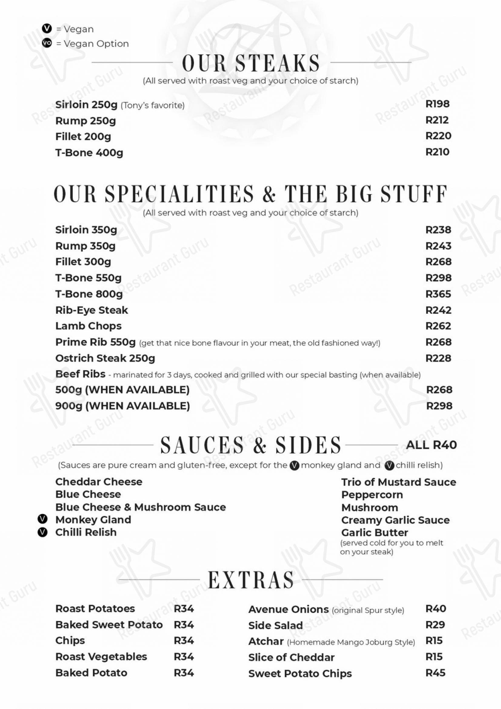 Menu at The Avenue Restaurant & Grill, Cape Town