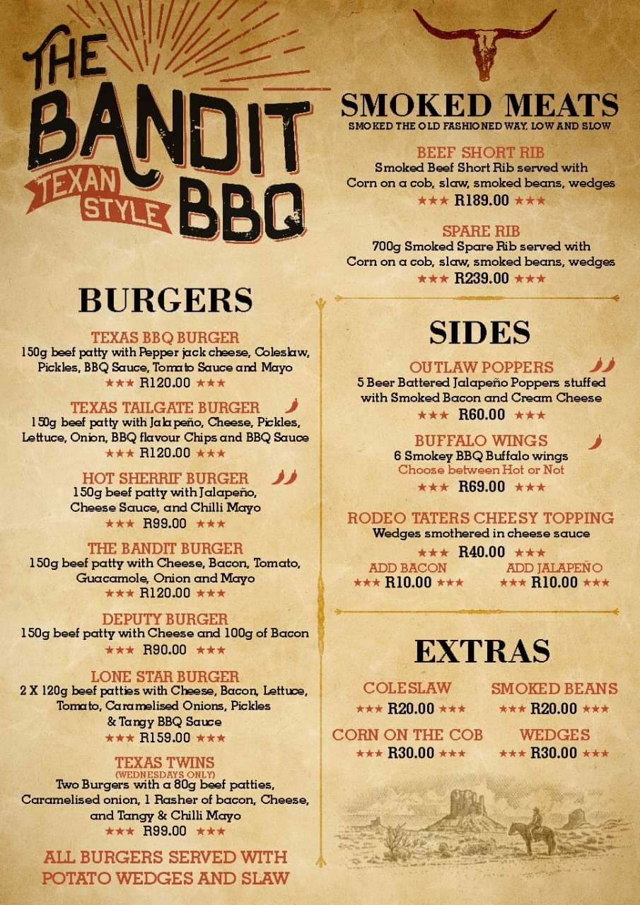 Menu at The Bandit BBQ, Kimberley