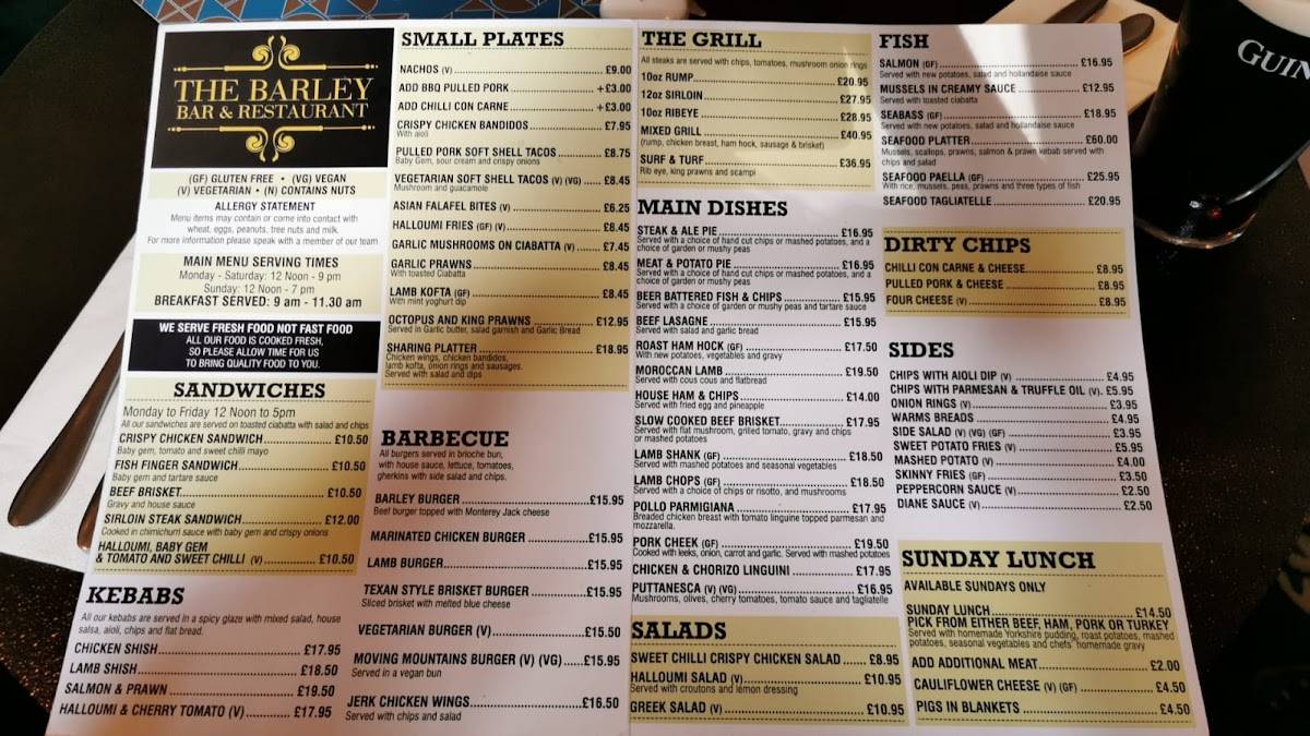 Menu at The Barley - Bar & Restaurant, Rotherham