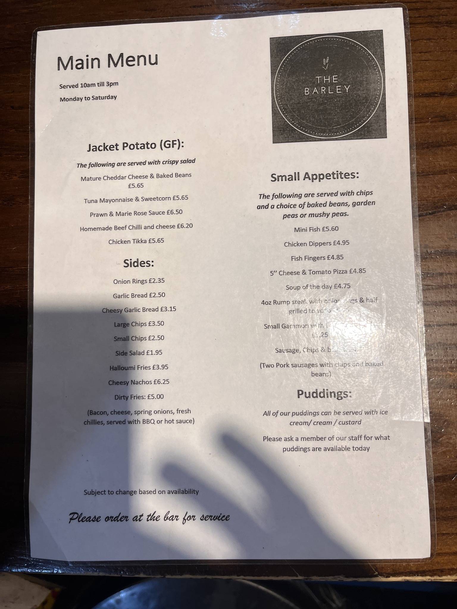 Menu at The Barley, Newport