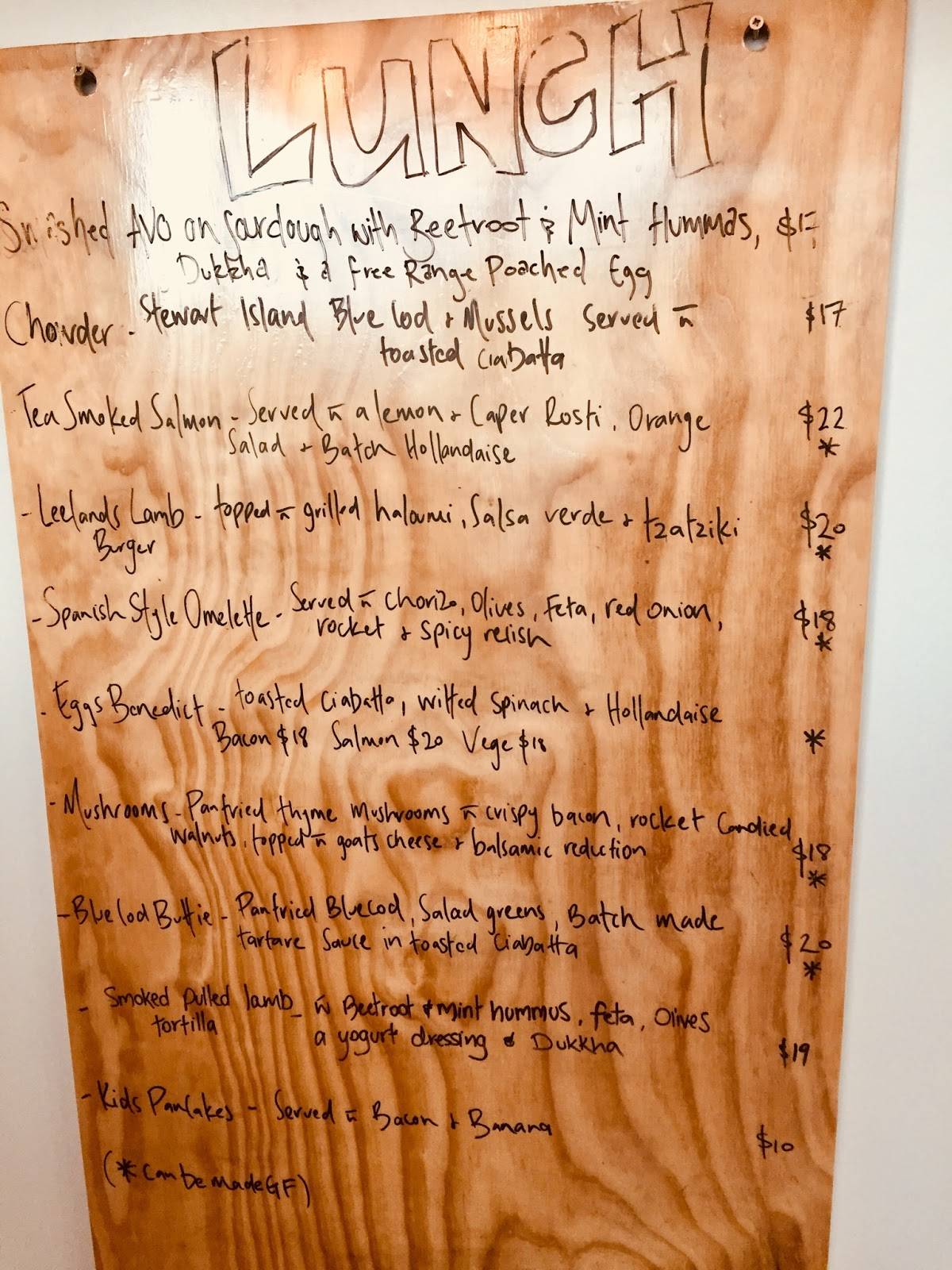 Menu at The Batch Cafe, Invercargill
