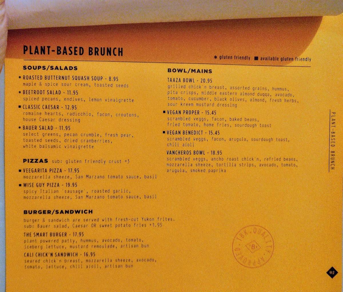 Menu at The Bauer Kitchen restaurant, Waterloo, 187 King St S #102