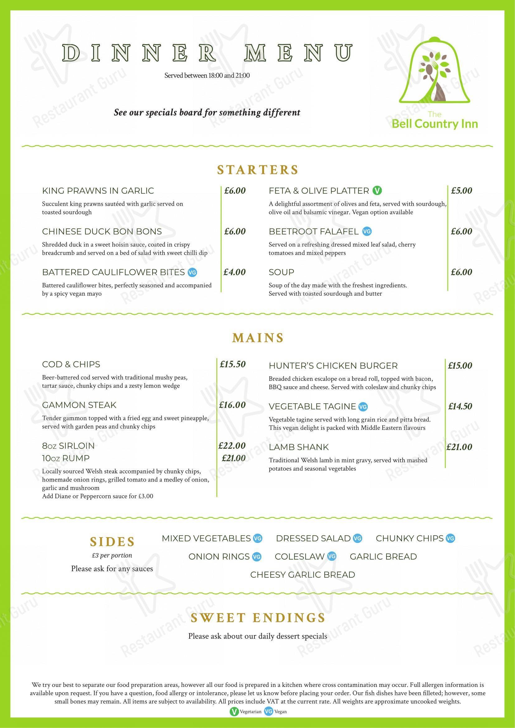 Menu at The Bell Country Inn pub & bar, Llandrindod Wells, A470