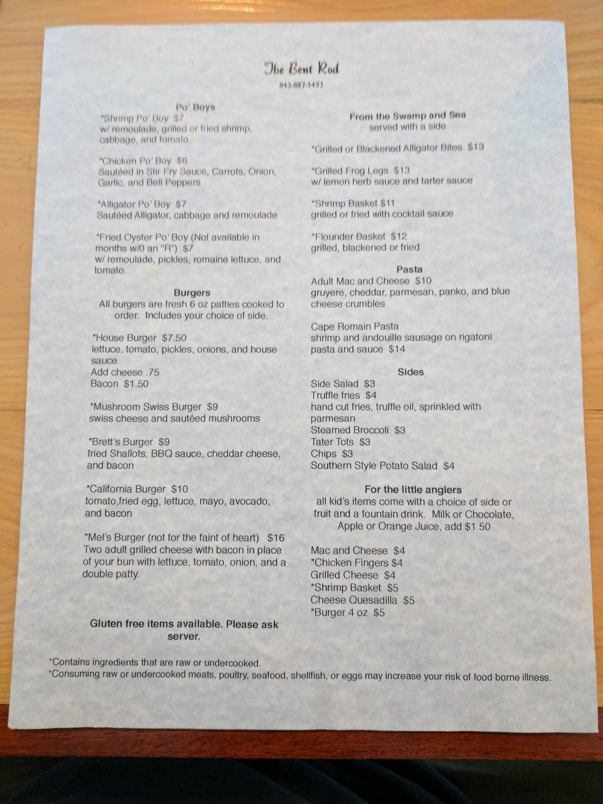 Menu at The Bent Rod pub & bar, McClellanville
