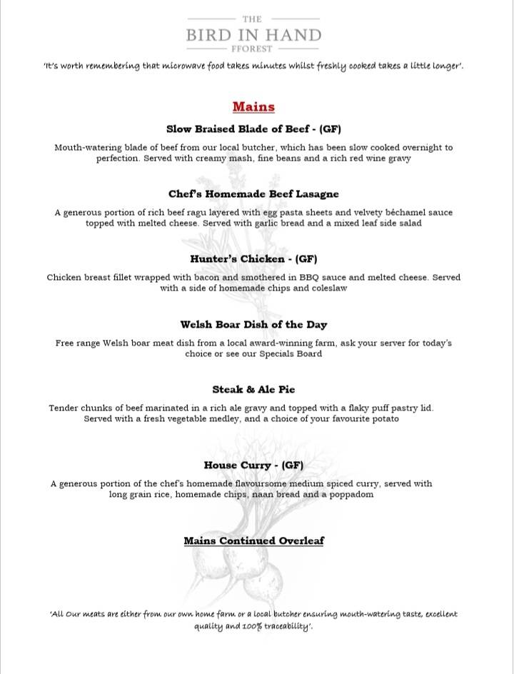 Menu at The Bird In Hand pub & bar, Fforest, 24 Carmarthen Rd