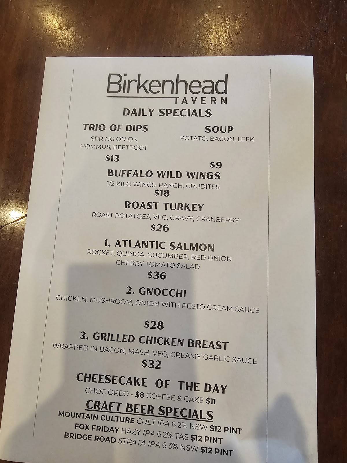 Menu at The Birkenhead Tavern restaurant, Birkenhead, 3/7 Riverview St