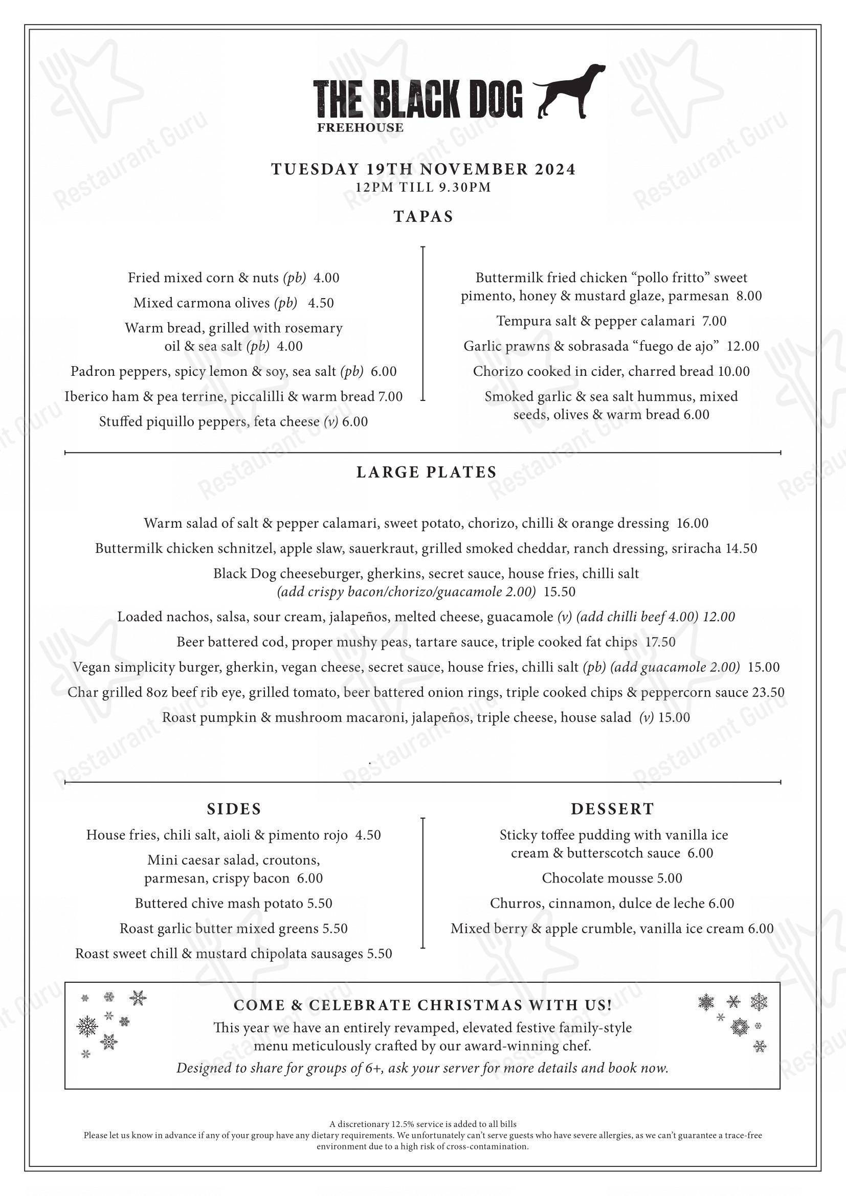 Menu at The Black Dog pub & bar, London, 112 Vauxhall Walk
