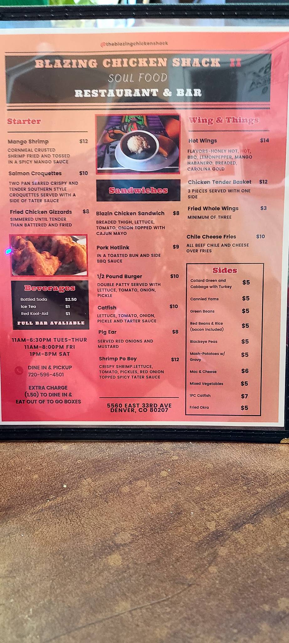 Menu at The Blazing Chicken Shack II restaurant, Denver