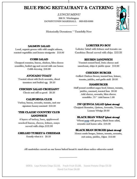 Menu at The Blue Frog cafe, Marshall, 208 N. Washington