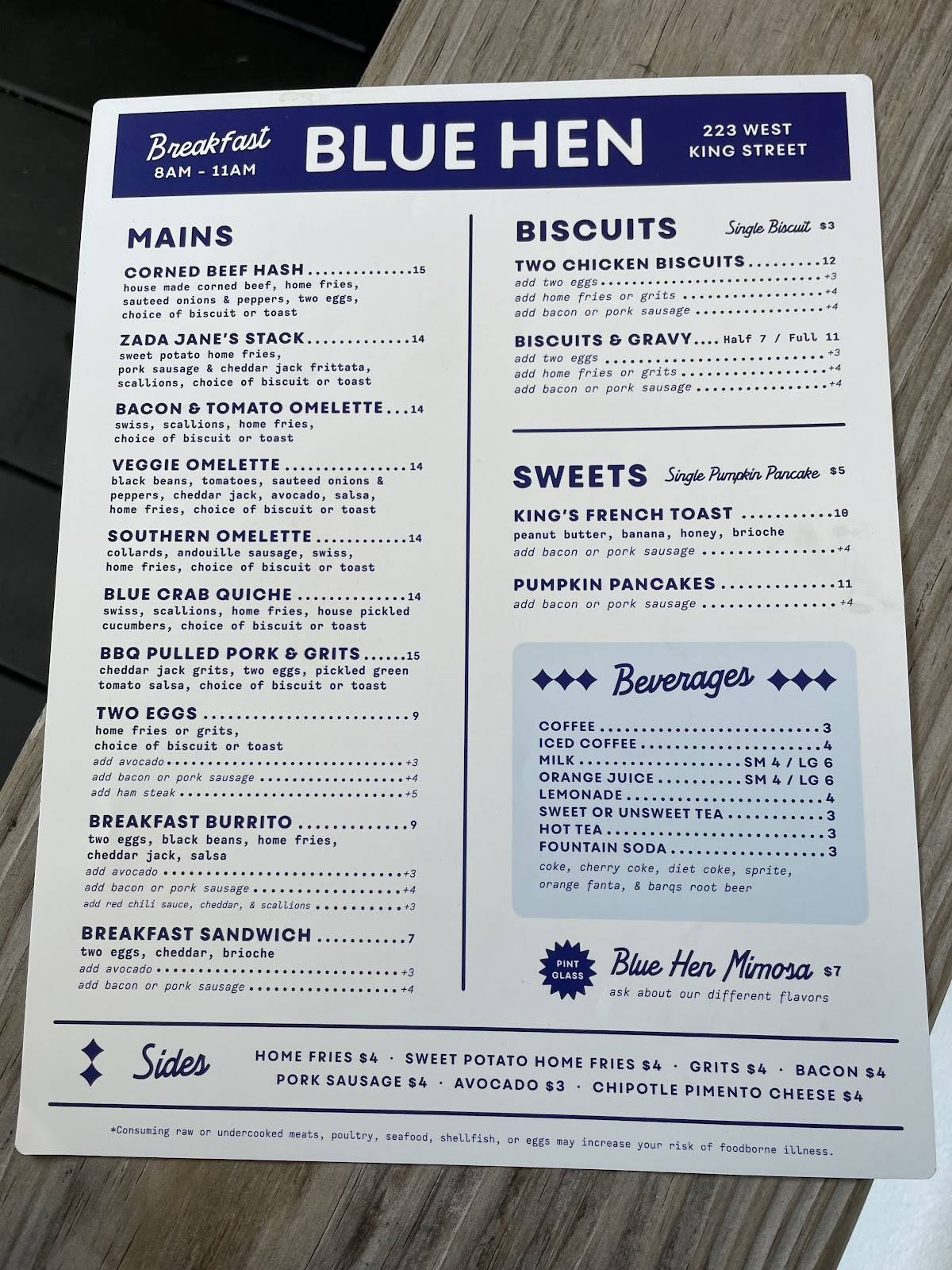 Menu at The Blue Hen Café cafe, St. Augustine