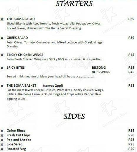 Menu at The Boma, Sandton
