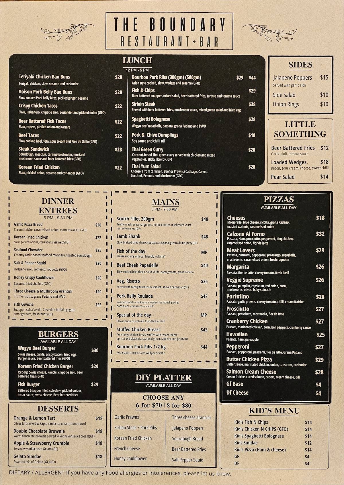 Menu at The Boundary Restaurant + Bar, Tamahere
