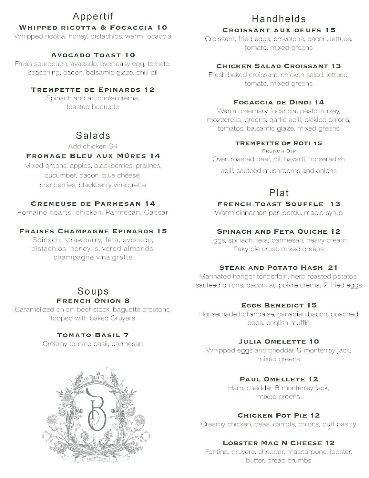 Menu at The Bradbury Bistro pub & bar, Anderson