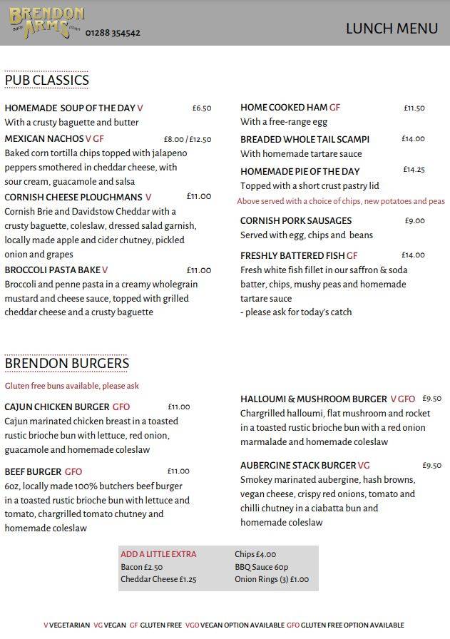 Menu at The Brendon Arms pub & bar, Bude