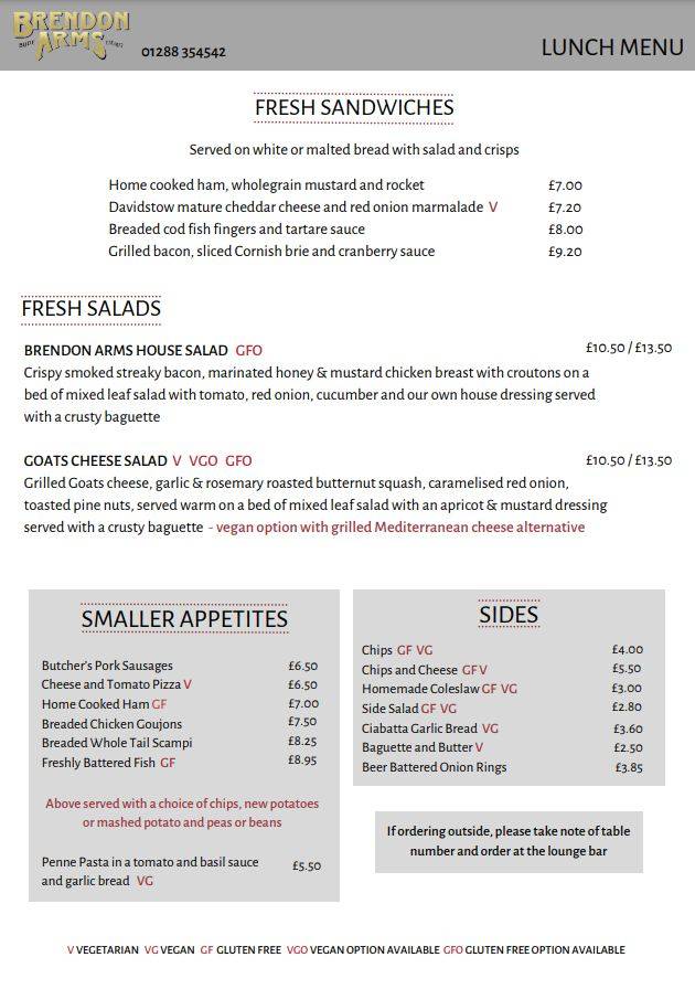 Menu at The Brendon Arms pub & bar, Bude