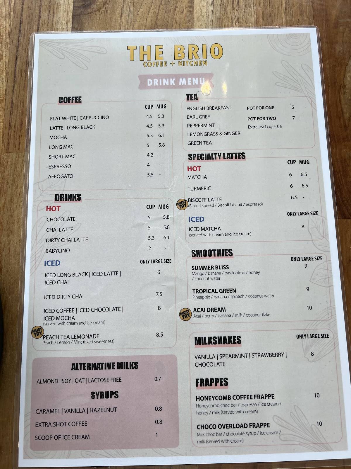 Menu at The Brio Coffee and Kitchen cafe, Booragoon