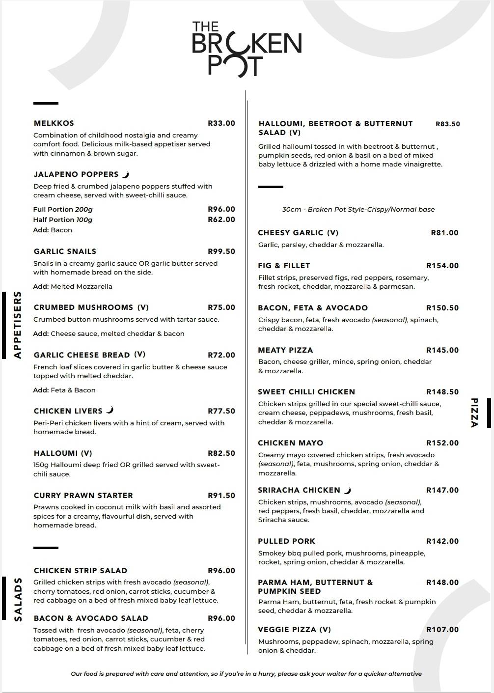Menu at The Broken Pot restaurant, Potchefstroom