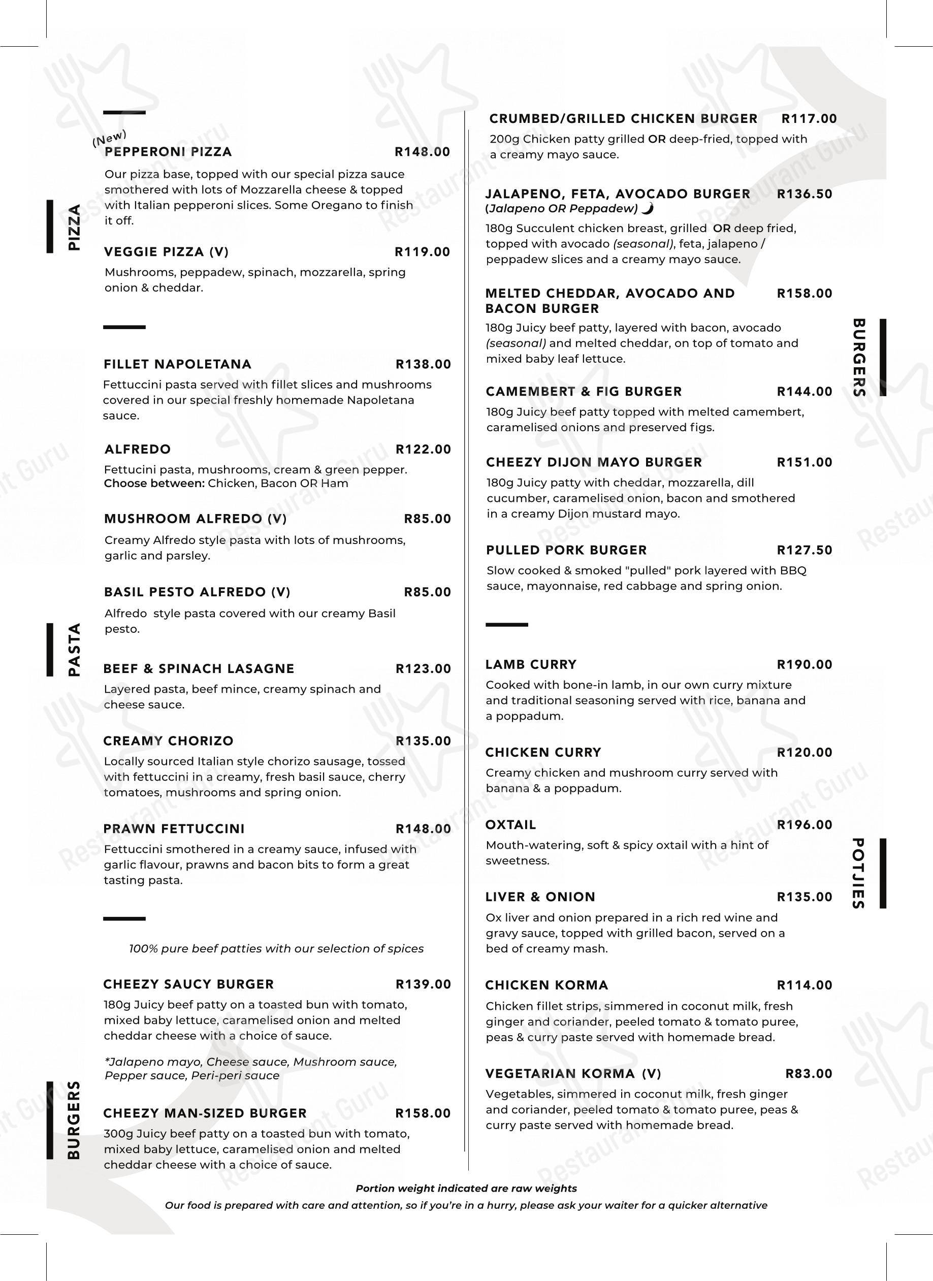 Menu at The Broken Pot restaurant, Potchefstroom