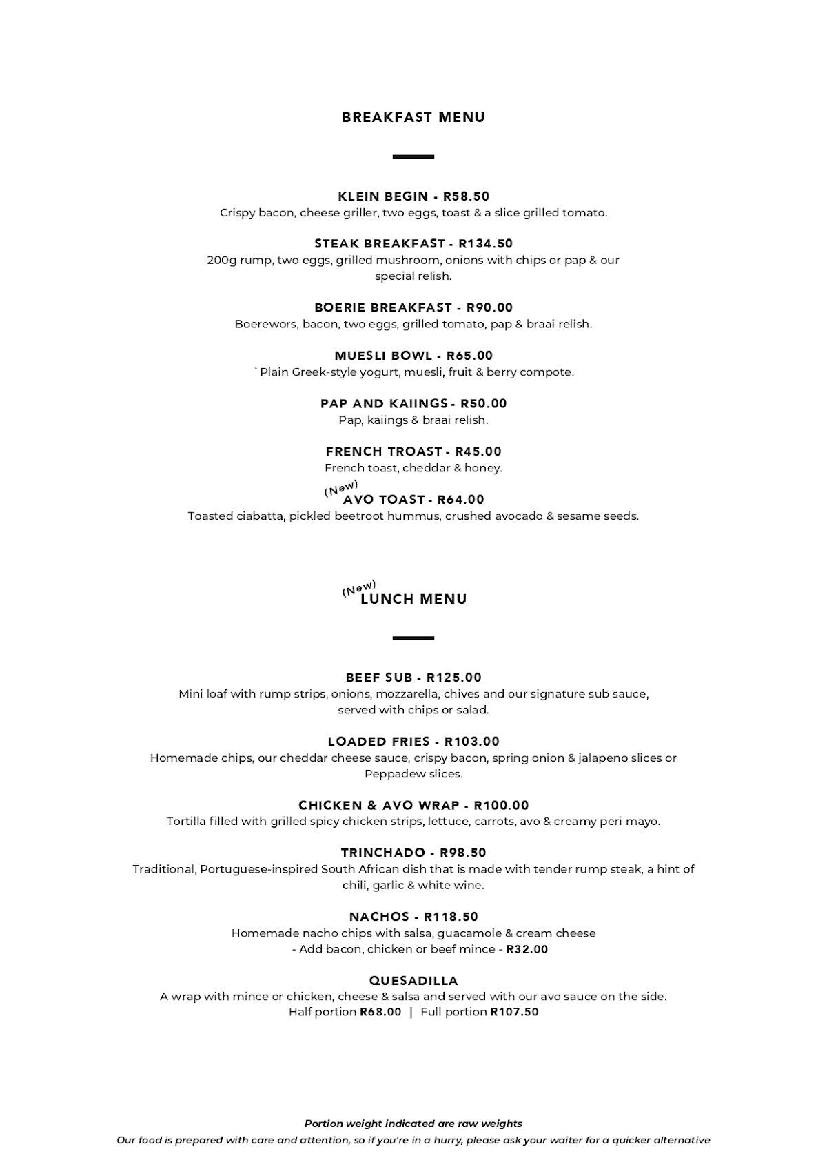 Menu at The Broken Pot restaurant, Potchefstroom