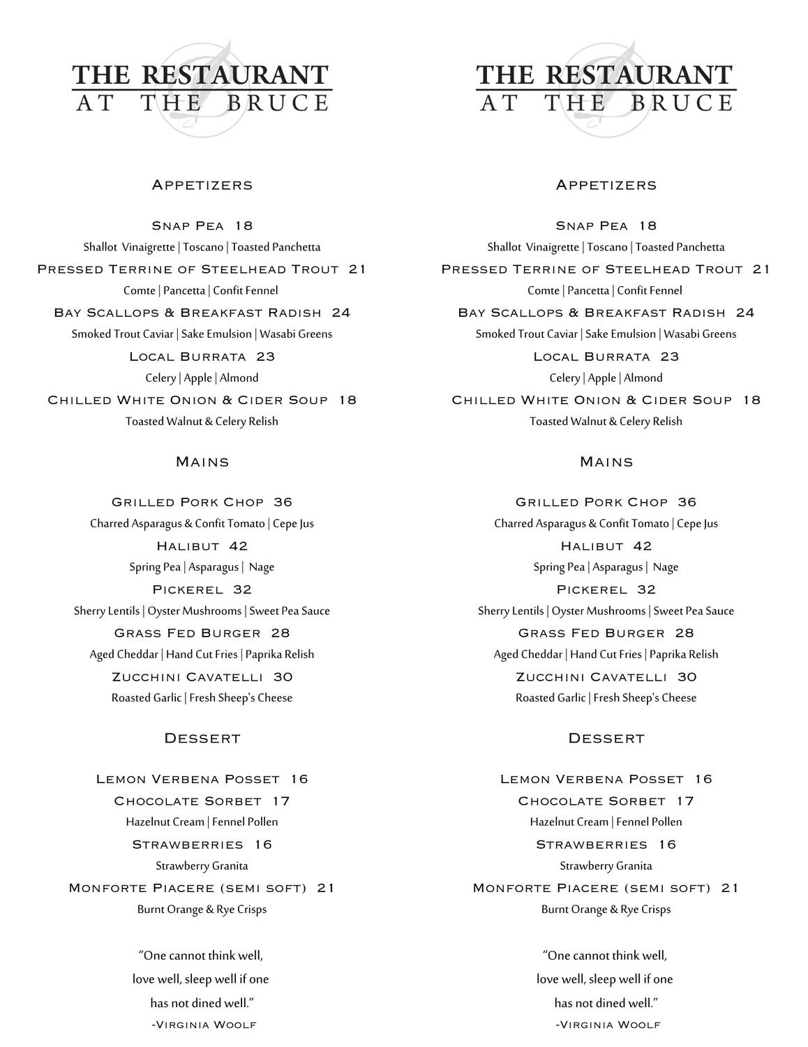 Menu at The Bruce Hotel restaurant, Stratford