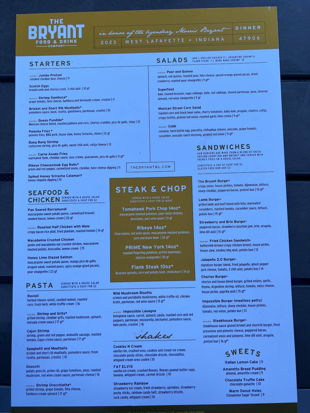 Menu at The Bryant pub & bar, West Lafayette, Sagamore Pkwy W
