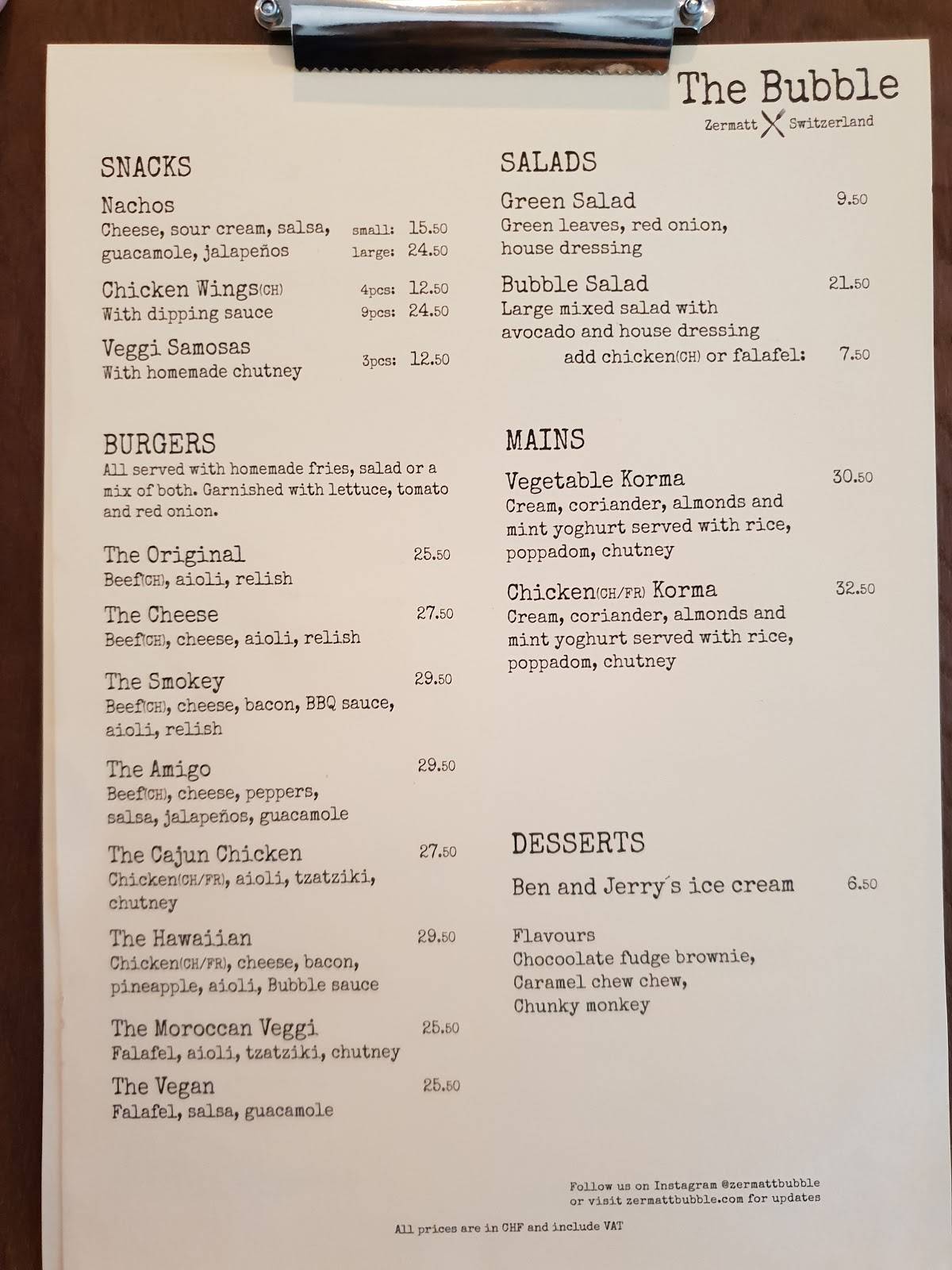 Menu at The Bubble Bar & Restaurant, Zermatt