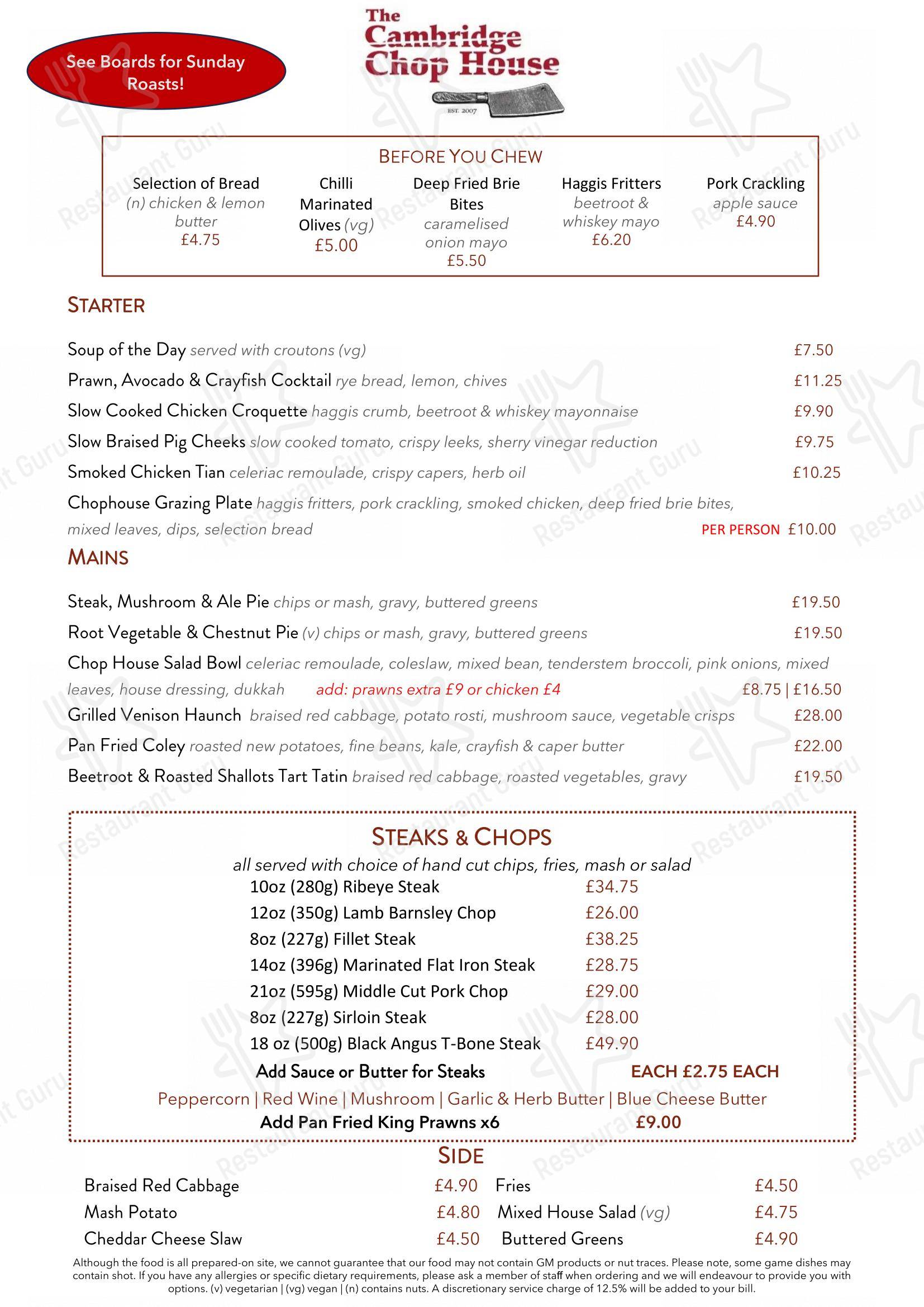 Menu at The Cambridge Chop House steakhouse, Cambridge