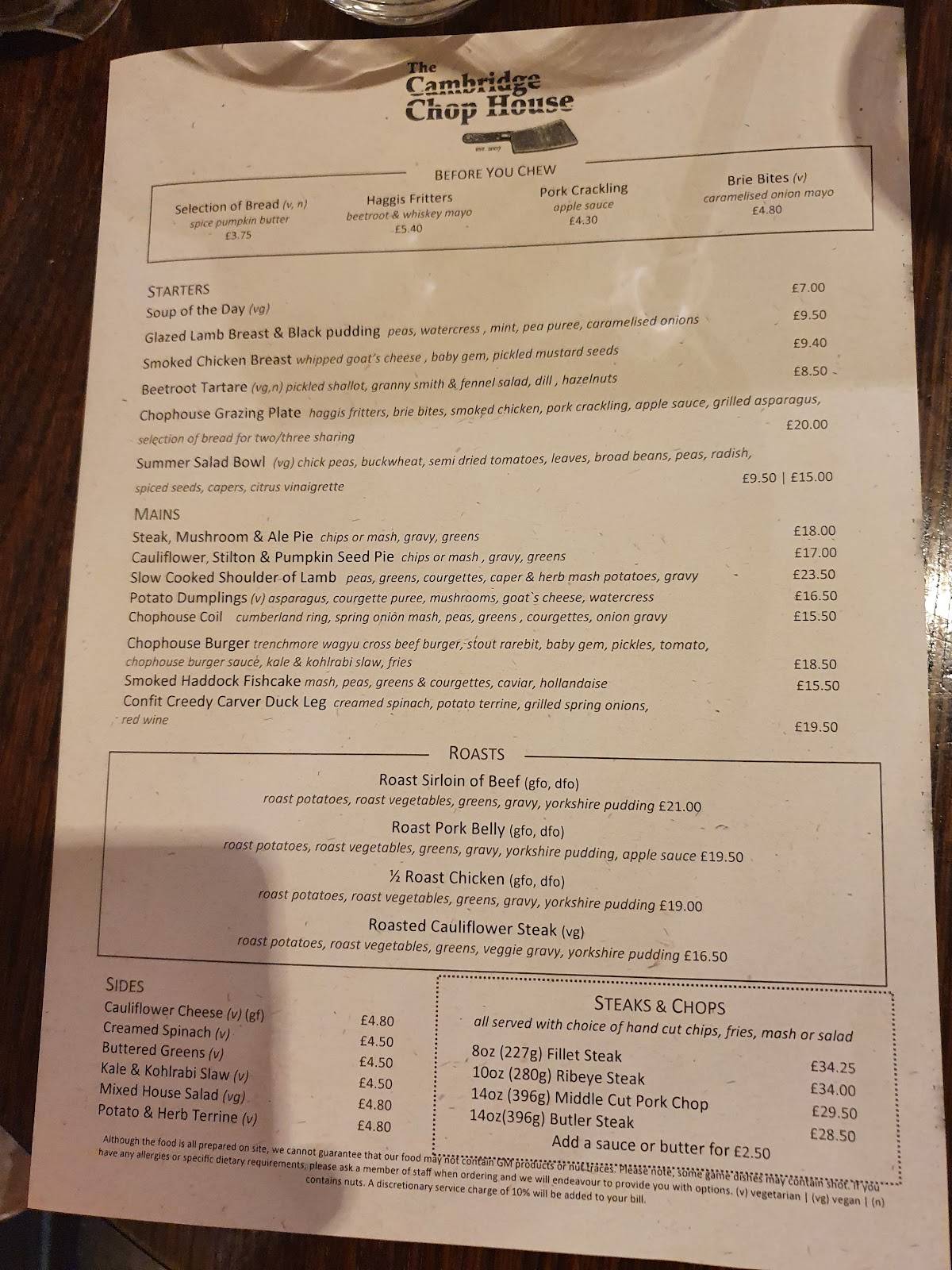 Menu at The Cambridge Chop House steakhouse, Cambridge