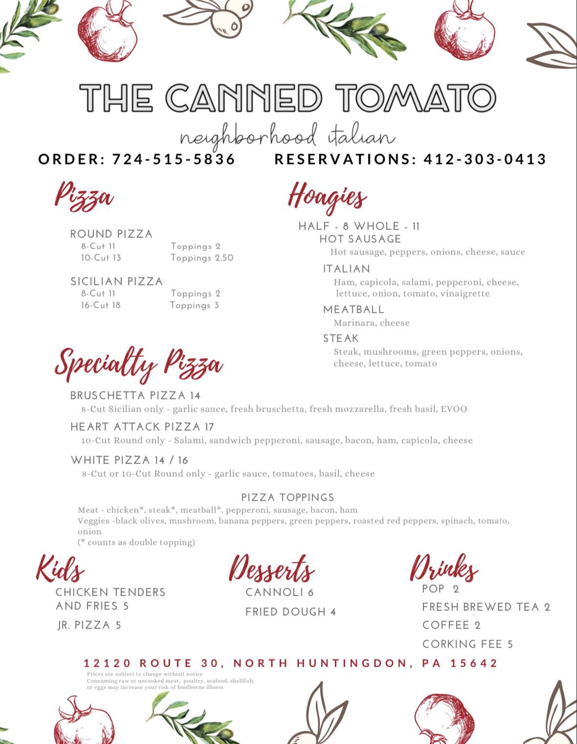 Menu at The Canned Tomato restaurant, North Huntingdon