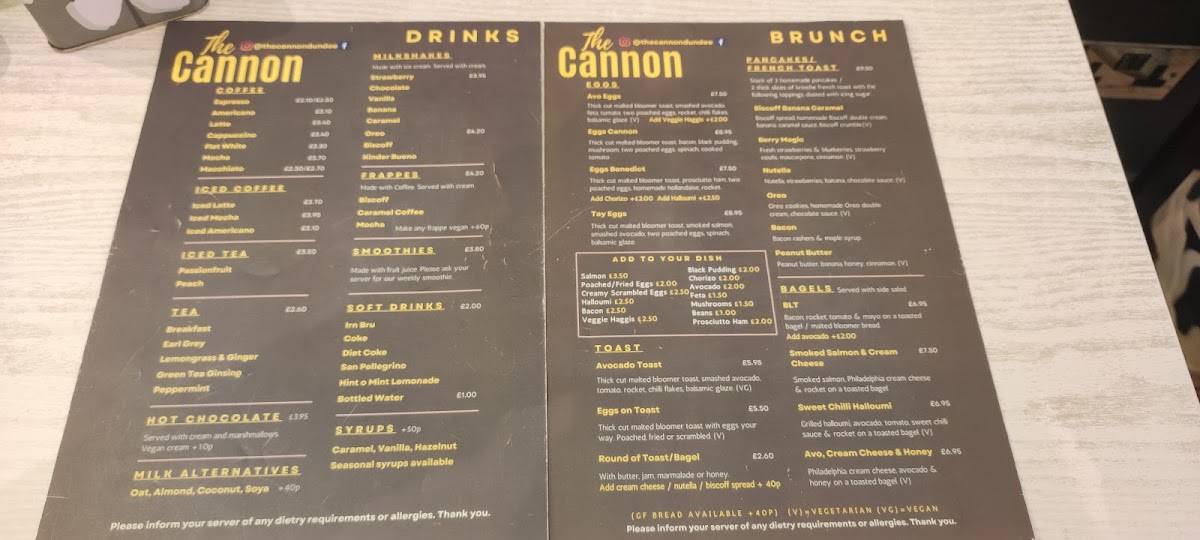 Menu at The Cannon cafe, Dundee