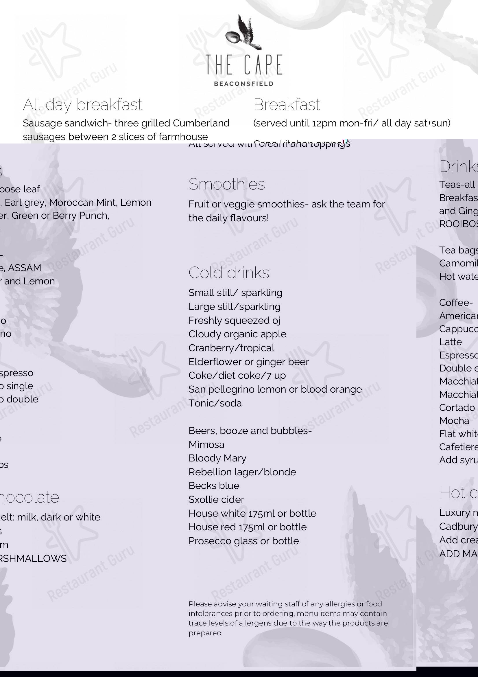 Menu at The Cape restaurant, Beaconsfield, 6a Burkes Parade