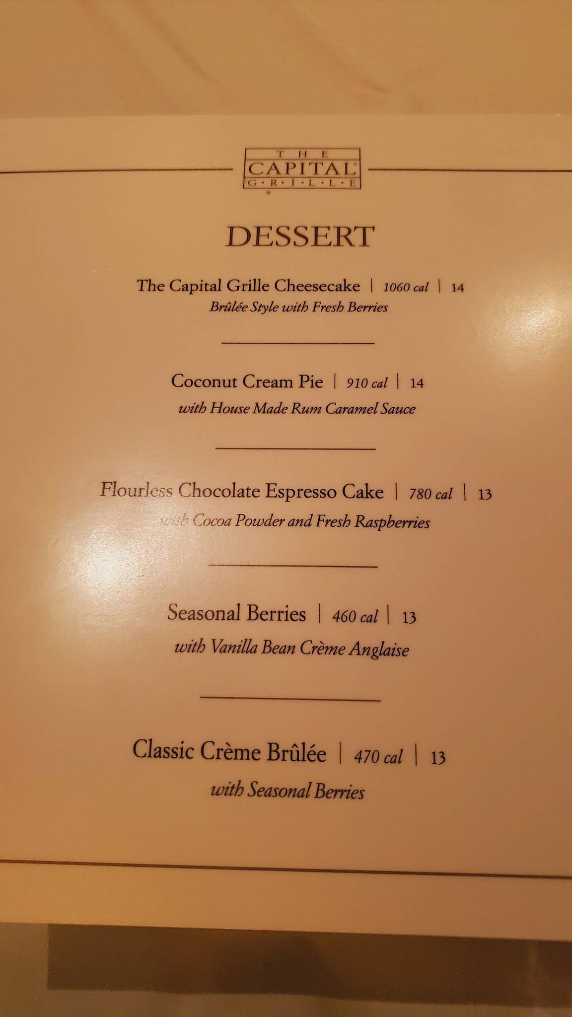 Menu at The Capital Grille pub & bar, Chevy Chase, Western Ave