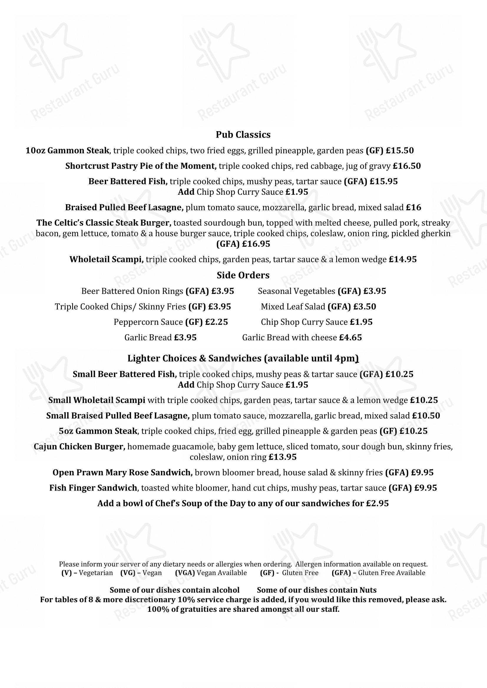 Menu at The Celtic Arms restaurant, Mold