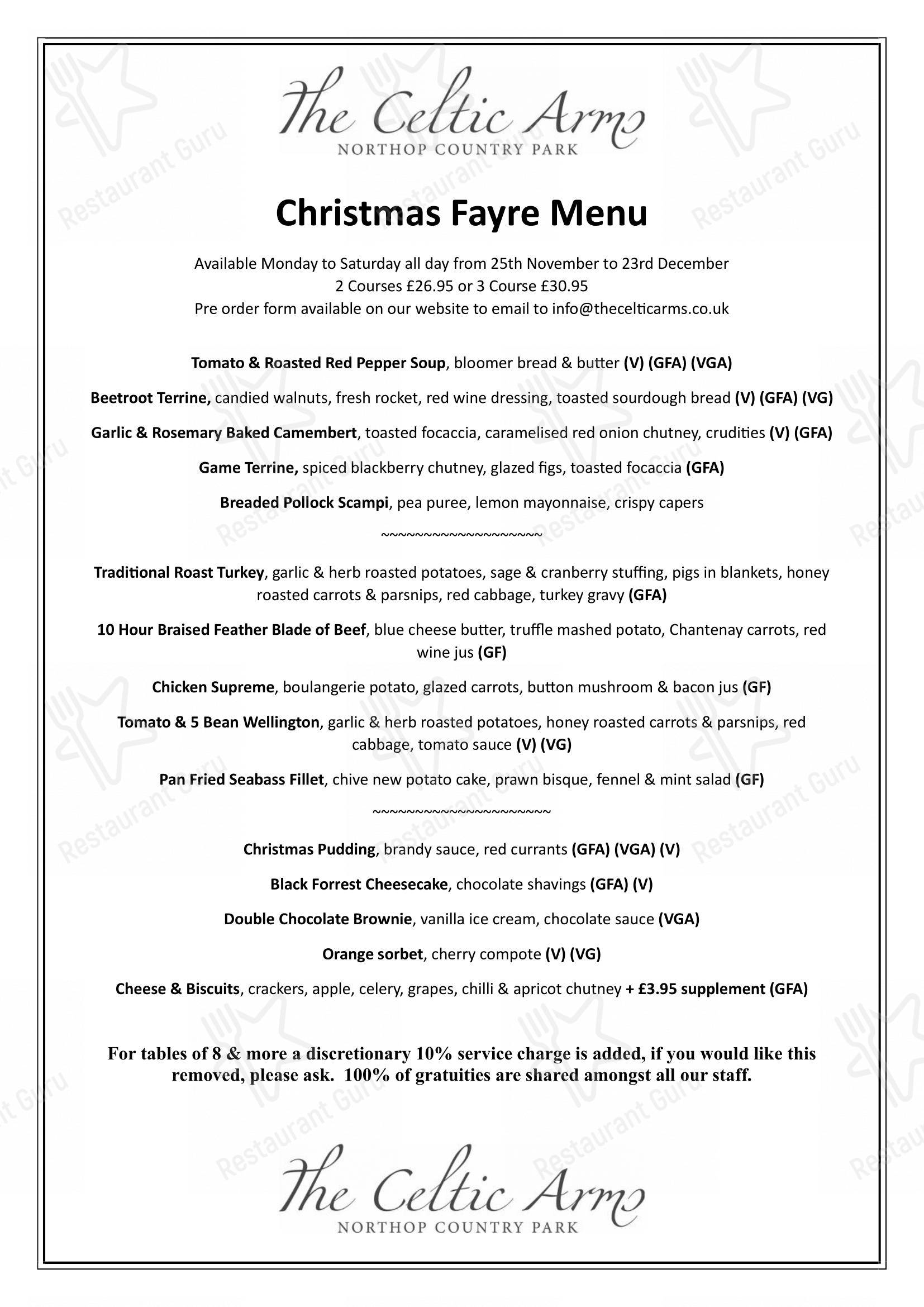 Menu at The Celtic Arms restaurant, Mold