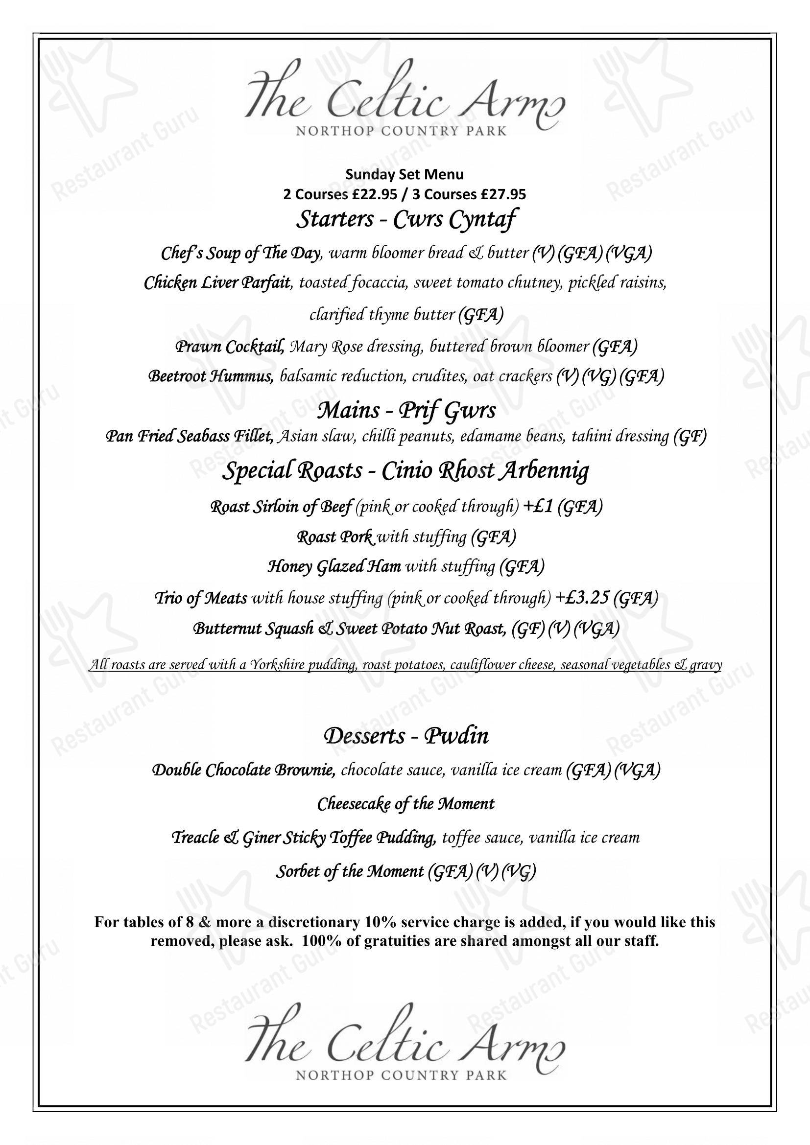 Menu at The Celtic Arms restaurant, Mold