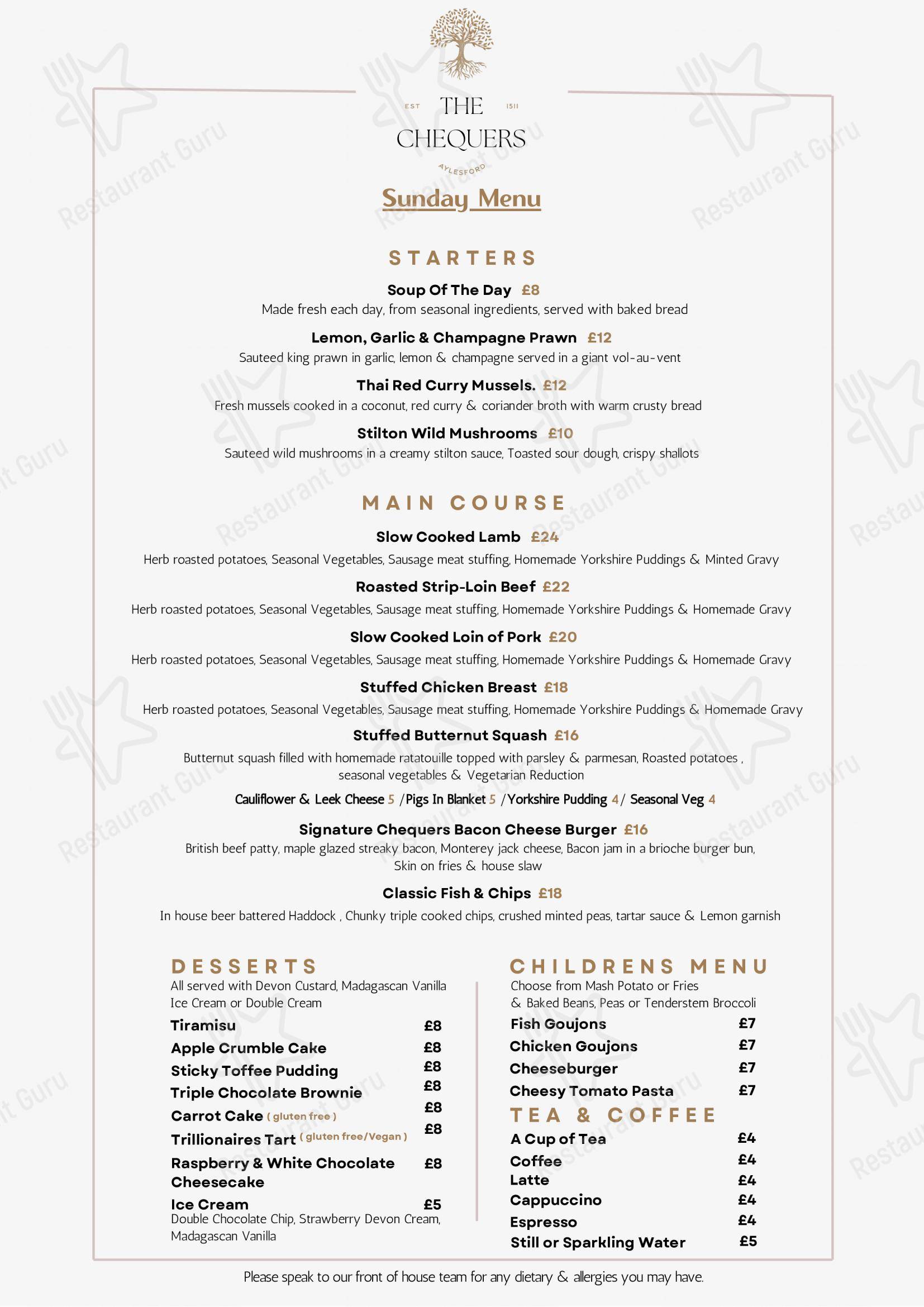 Menu at The Chequers Inn, Aylesford pub & bar, Aylesford
