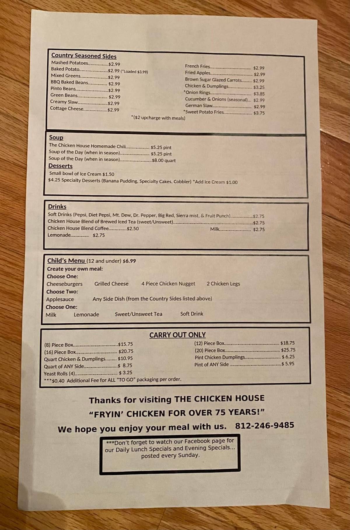 Menu at The Chicken House restaurant, Sellersburg, IN-111