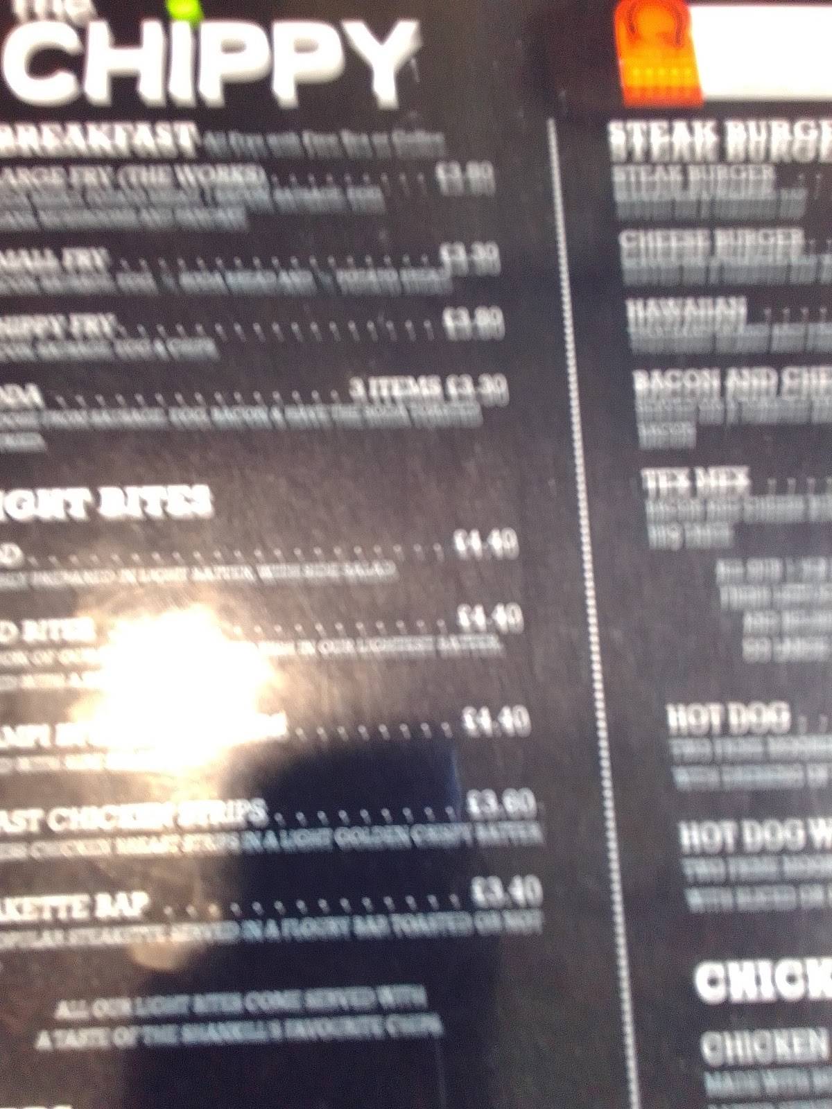Menu at The Chippy restaurant, Belfast, 402 Shankill Rd