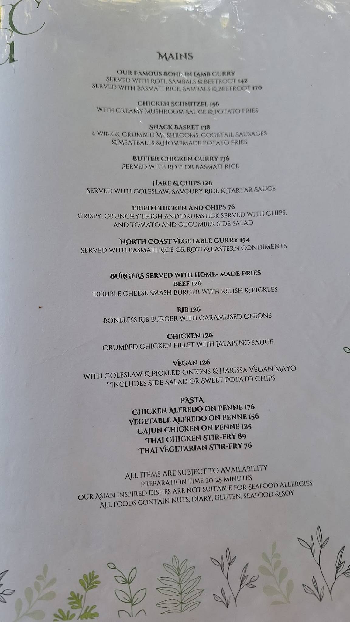 Menu at The Chocolate Garden restaurant, Verulam